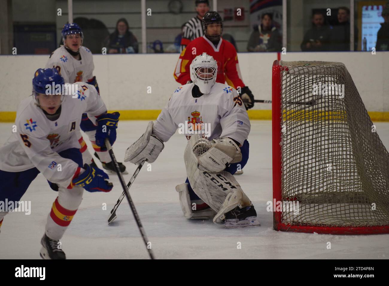 Dumfries, 11 December 2023. Pablo Tello and netminder Pablo Salvador ...