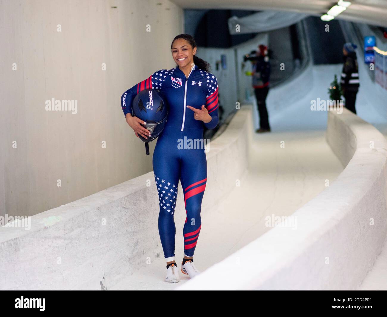 Kaysha Love (USA) lacht im Ziel, AUT, IBSF BMW Bob Weltcup Innsbruck ...