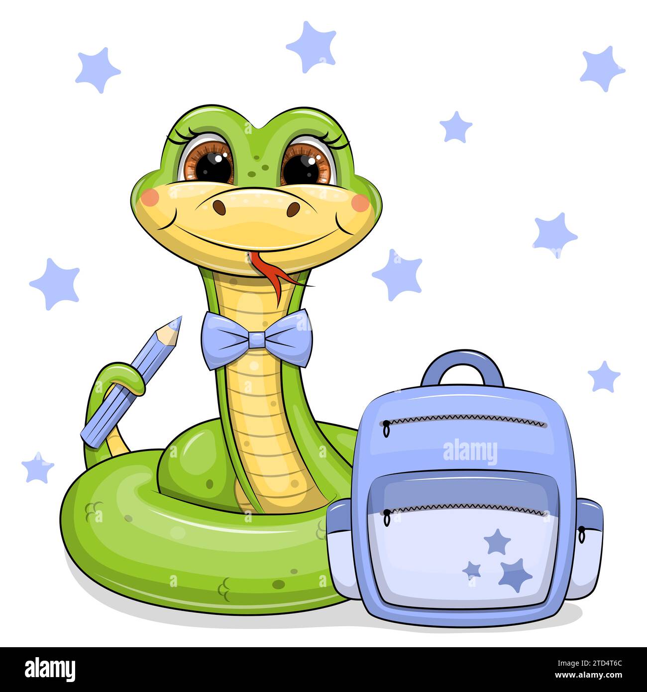 A cute cartoon green snake with a bow tie holds a pencil and stands ...