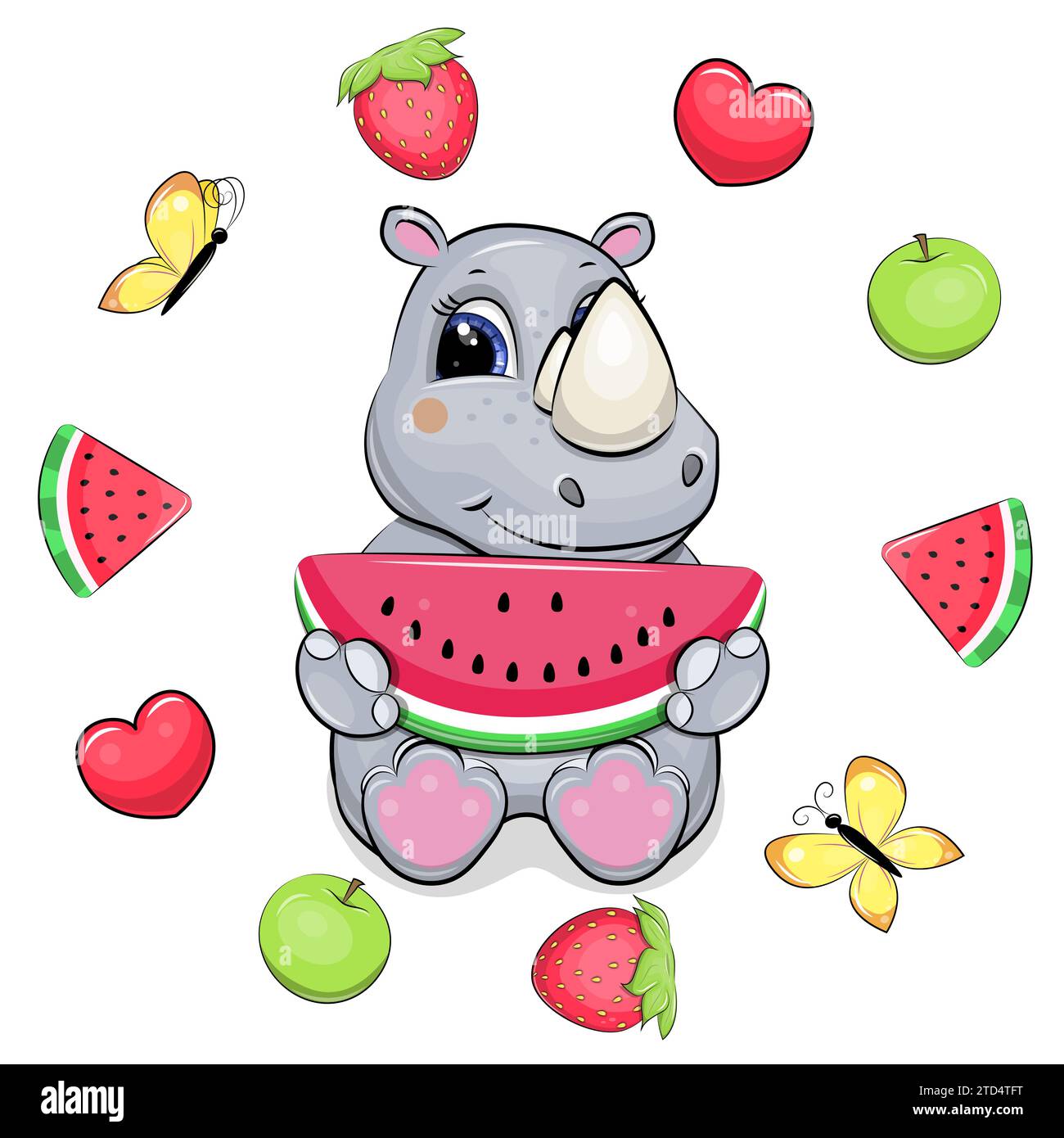 Cute cartoon rhino with watermelon in fruit frame. Vector illustration ...