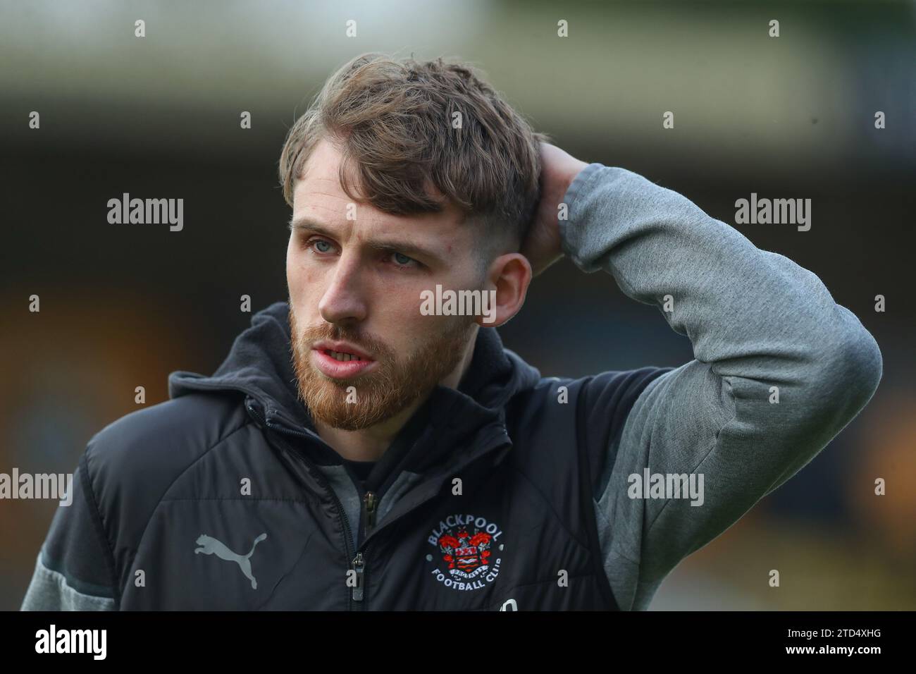 Daniel Grimshaw #32 of Blackpool arrives ahead of the Sky Bet League 1 match Cambridge United vs ...