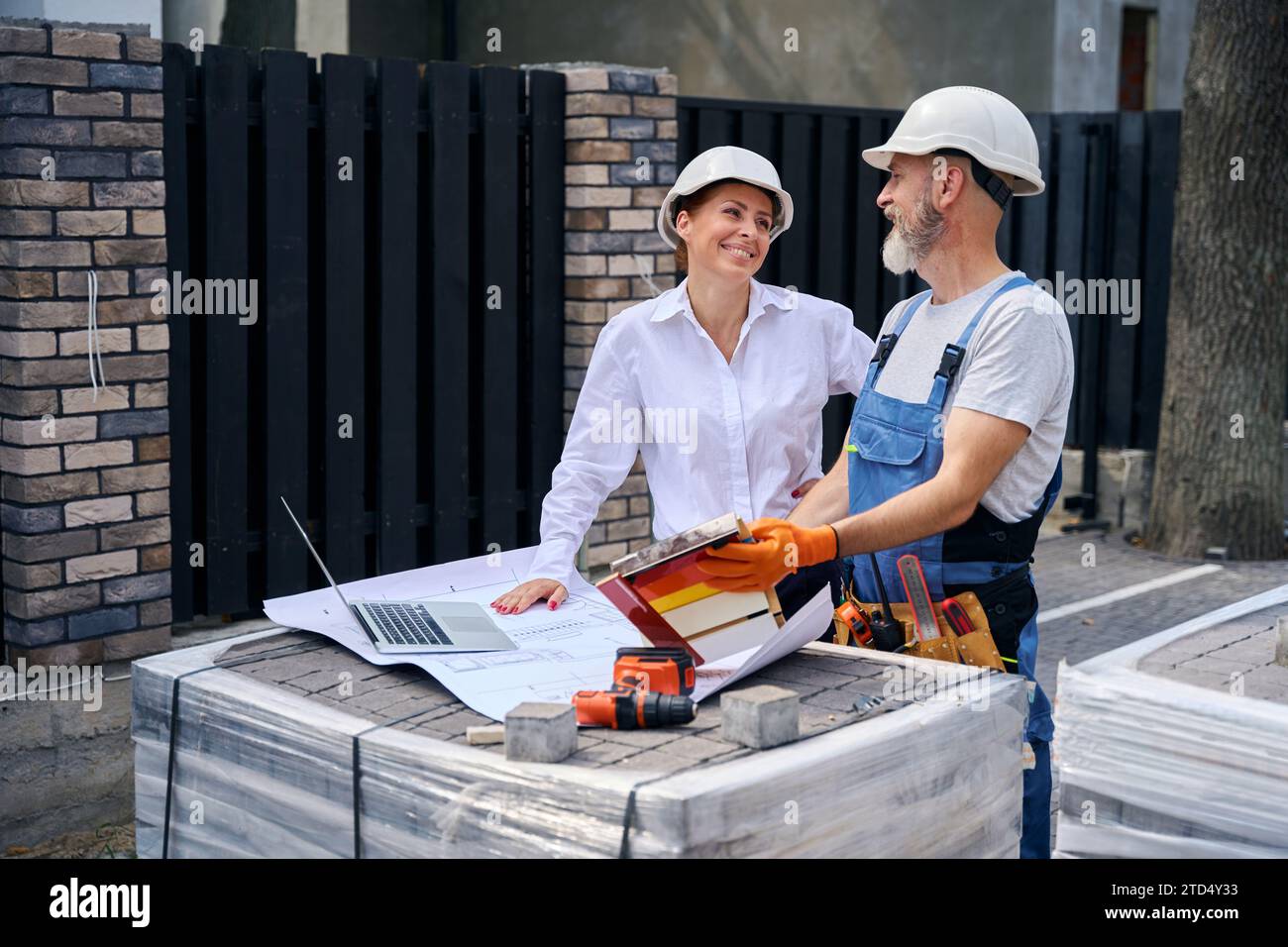 Building experts picking house exterior paint colors Stock Photo - Alamy