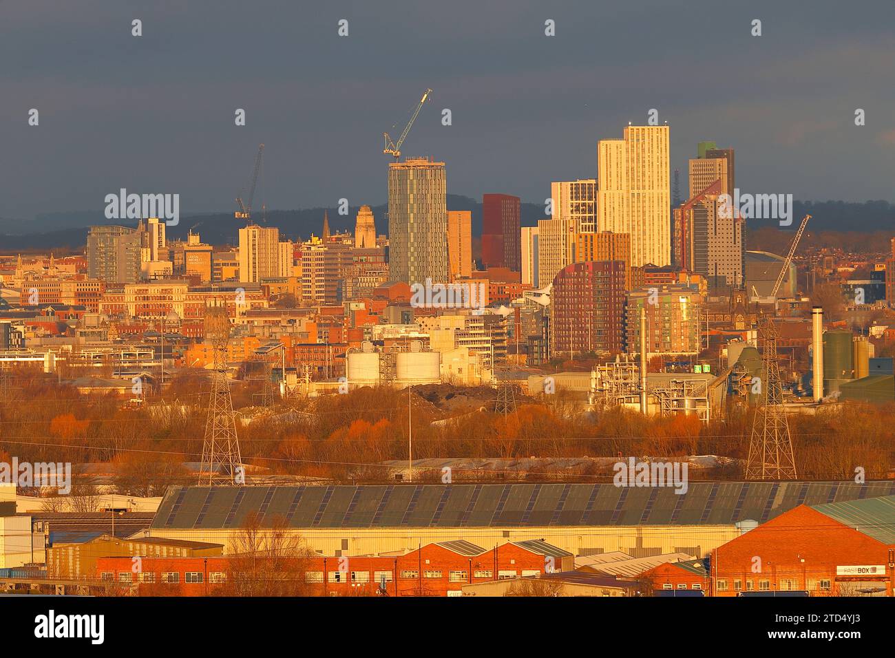 A view of the tall buildings of the Arena Quarter section of Leeds City ...