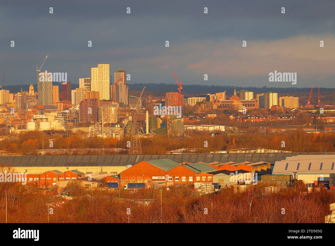 A view of the tall buildings of the Arena Quarter section of Leeds City ...