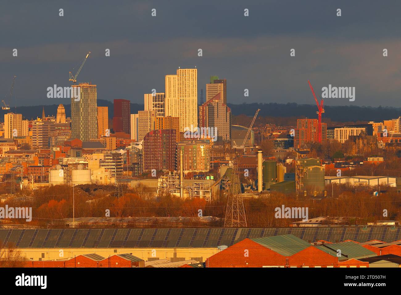 A view of the tall buildings of the Arena Quarter section of Leeds City ...
