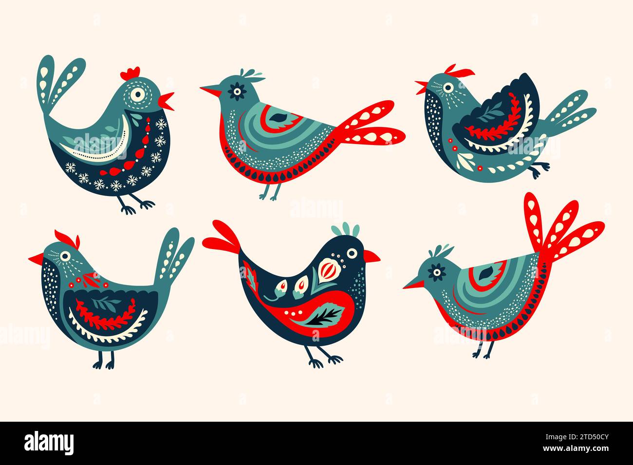 Folk Art Bird Vector Set. Scandinavian Norge Sticker Cartoon Doodle ...