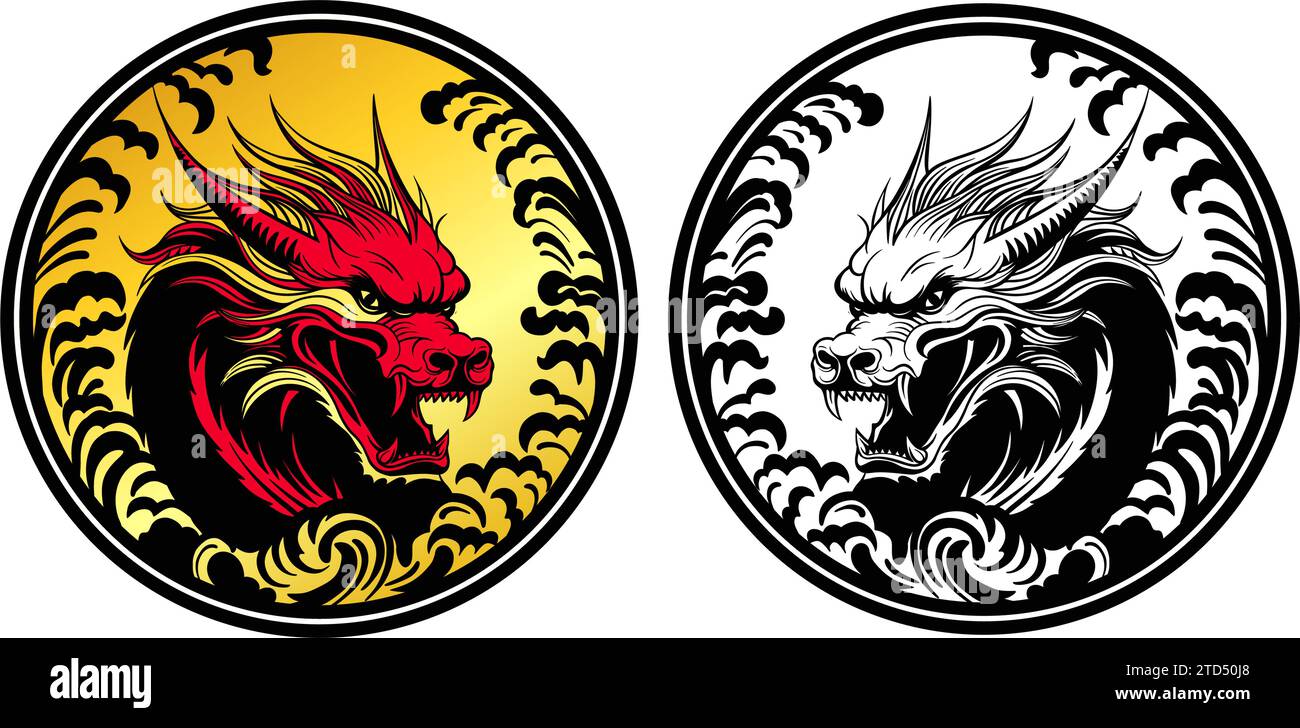 Red and golden Dragon scales collide in an emblem of power and grace ...
