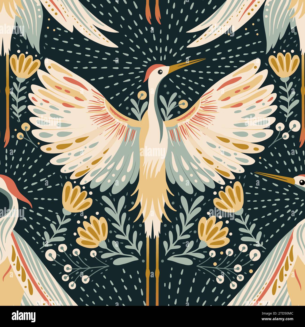 Crane Stork Bird Art Deco Vector Vintage Boho Seamless Pattern ...