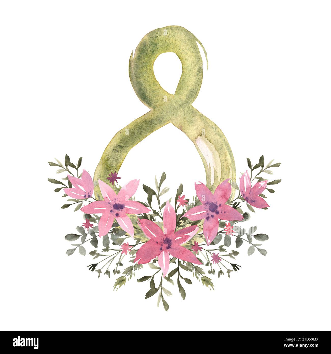 March 8, International Women's Day. Floral watercolor green 8 with pink ...