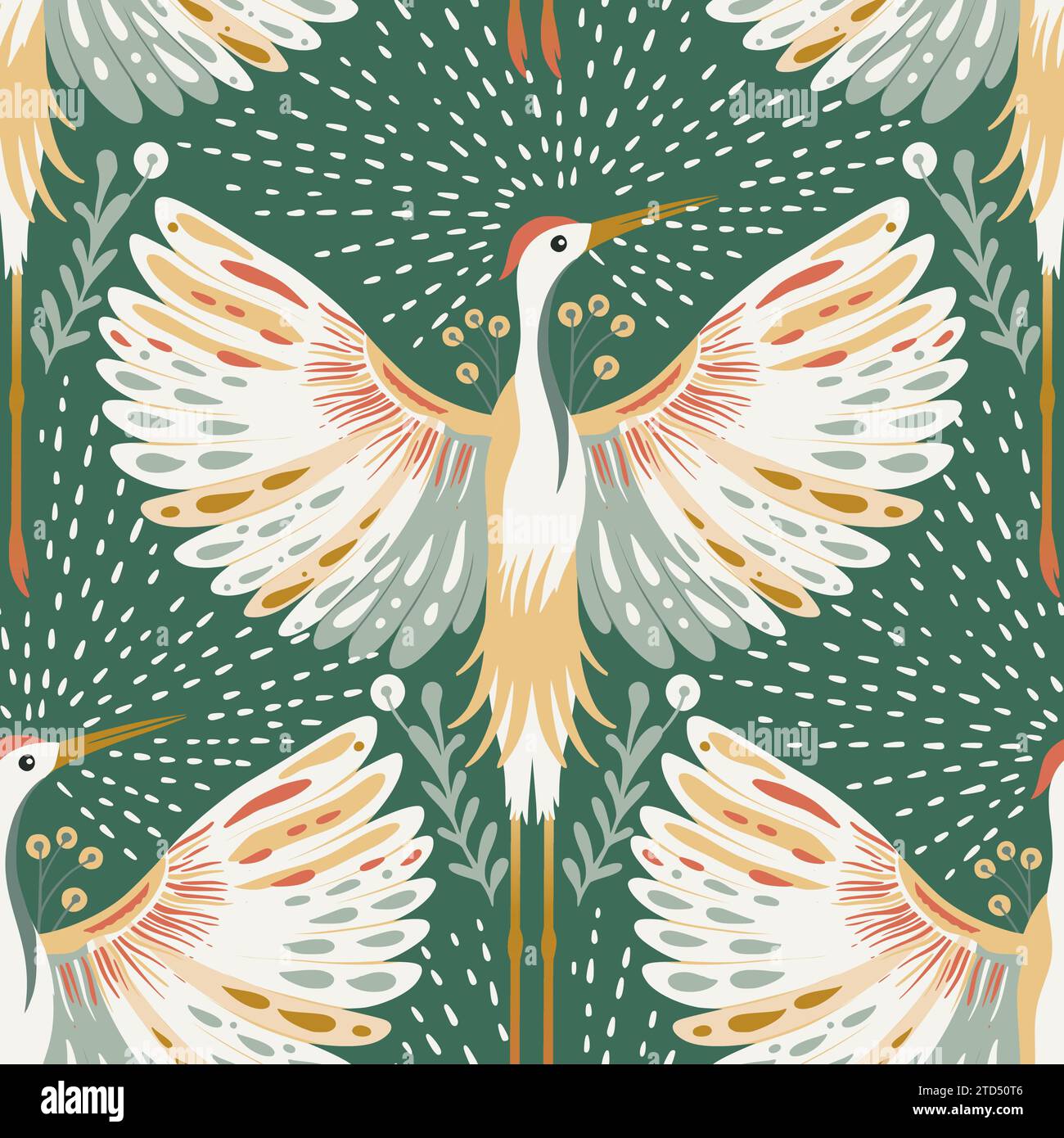 Crane Stork Bird Art Deco Vector Vintage Boho Seamless Pattern ...