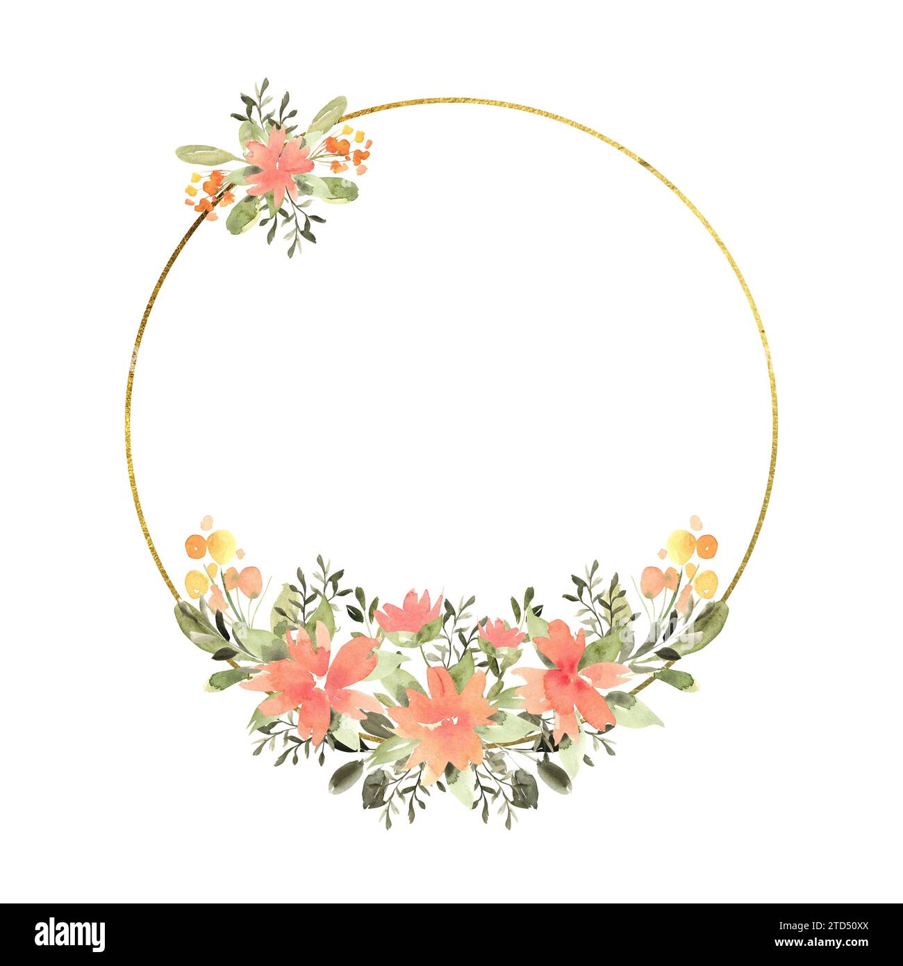 Floral watercolor round frame with orange, yellow flowers and greenery ...