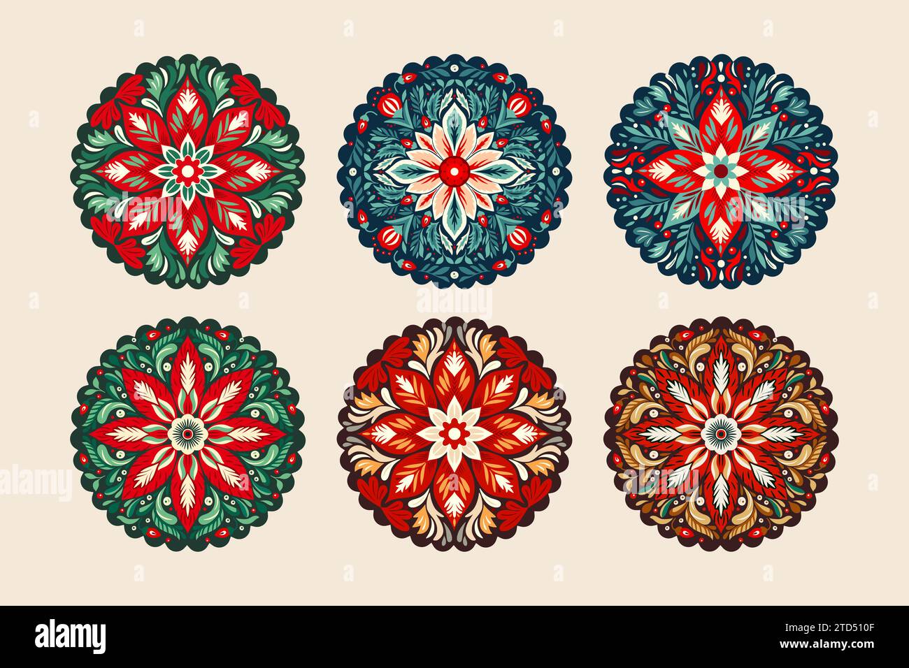 Round Vector Folk Art Ethnic Flower Star Christmas Ornament Set ...