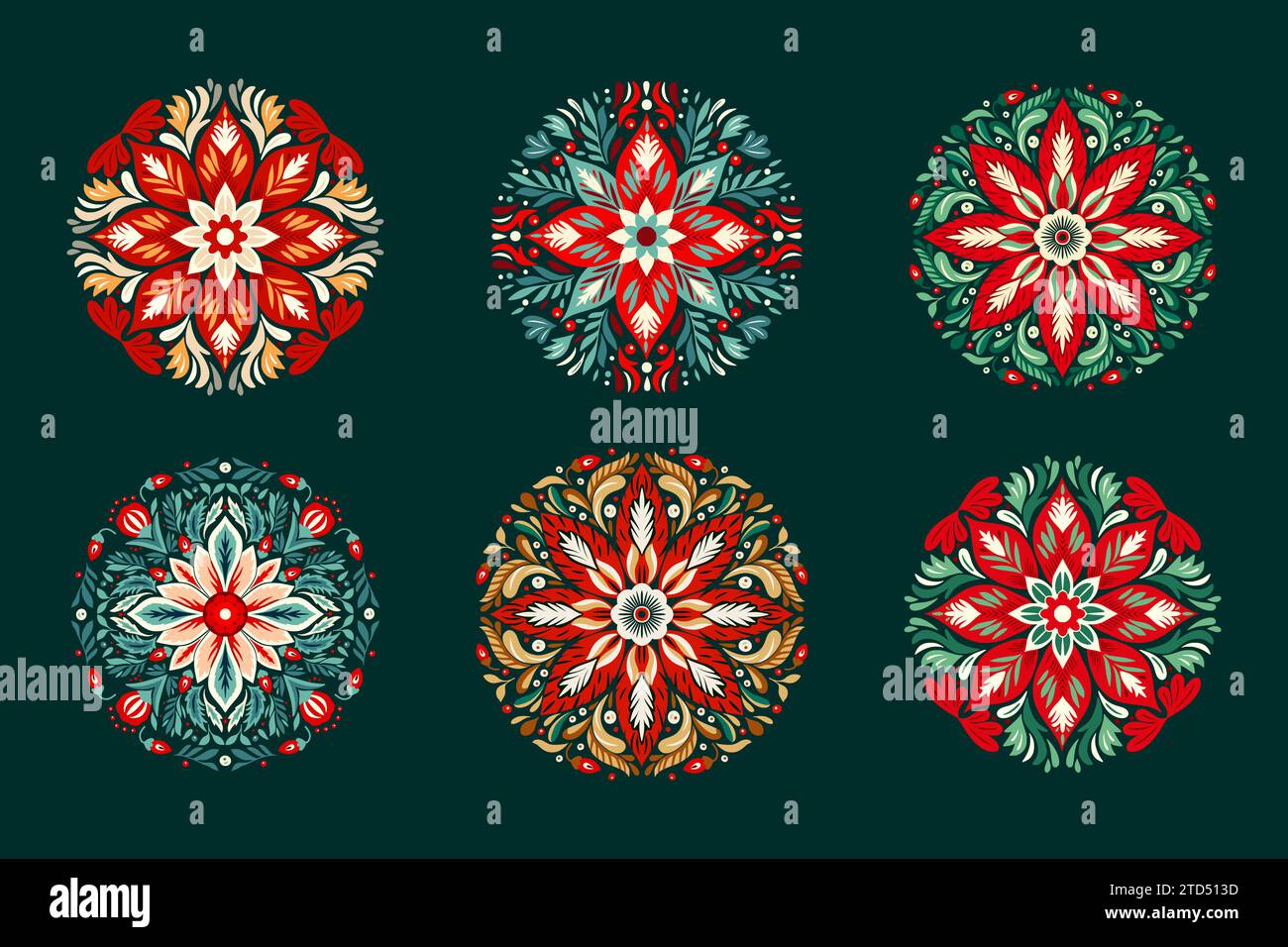 Round Vector Folk Art Ethnic Flower Star Christmas Ornament Set ...