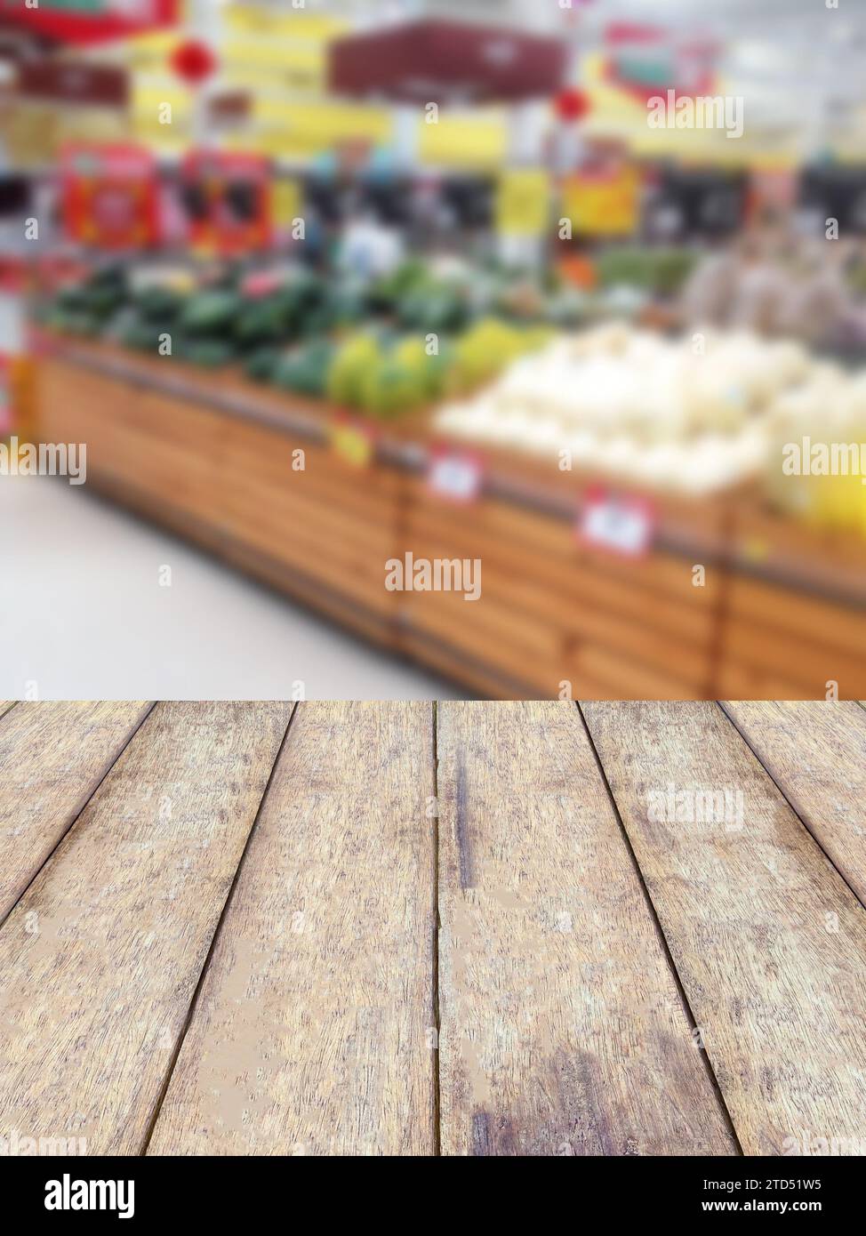 wood counter product display with fruits shelves in supermarket blurred ...