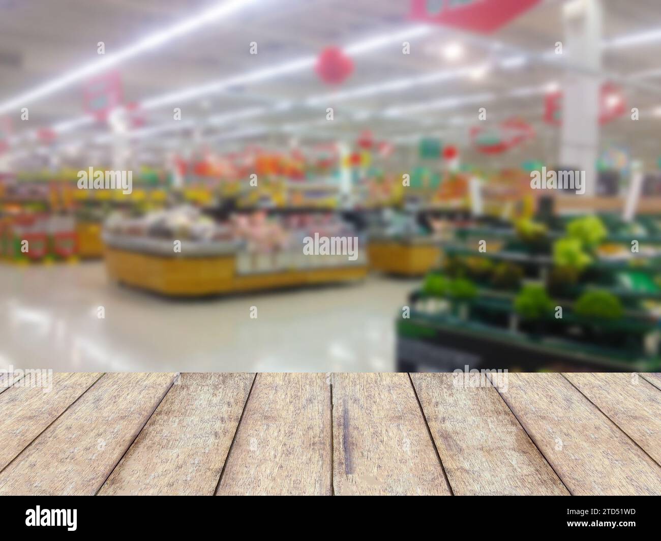 wood counter product display with fruits shelves in supermarket blurred ...