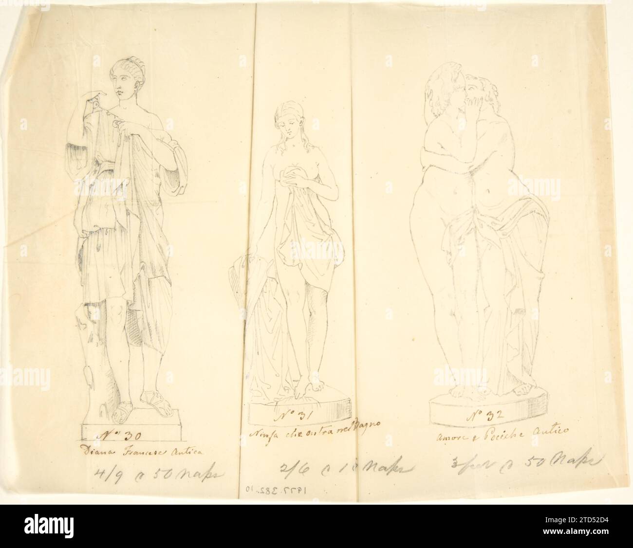 Sketches of three statues: Diana, Nymph Bathing and Cupid and Pysche ...