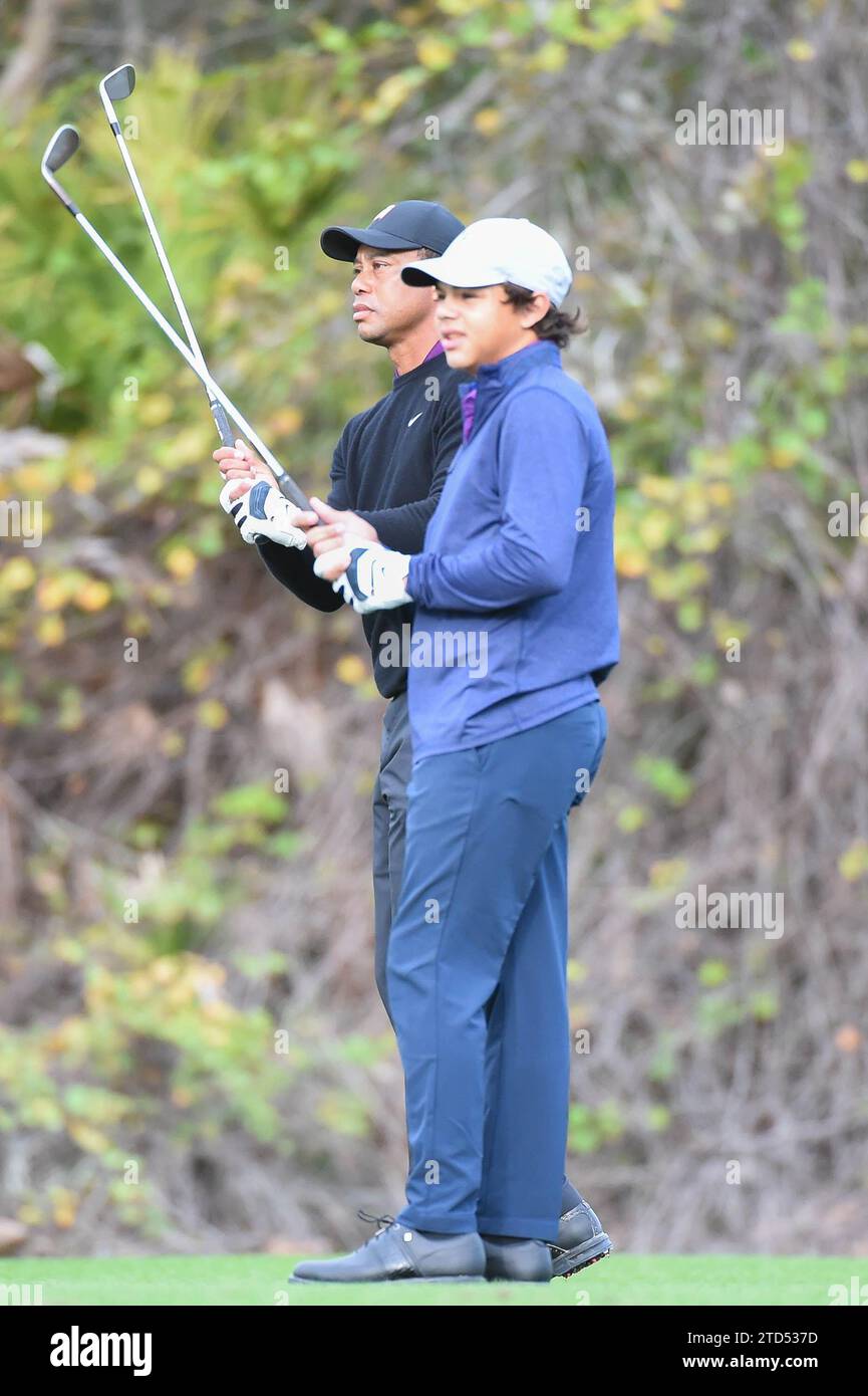 ORLANDO, FL - Tiger and Charlie Woods watch their shots during the pro ...