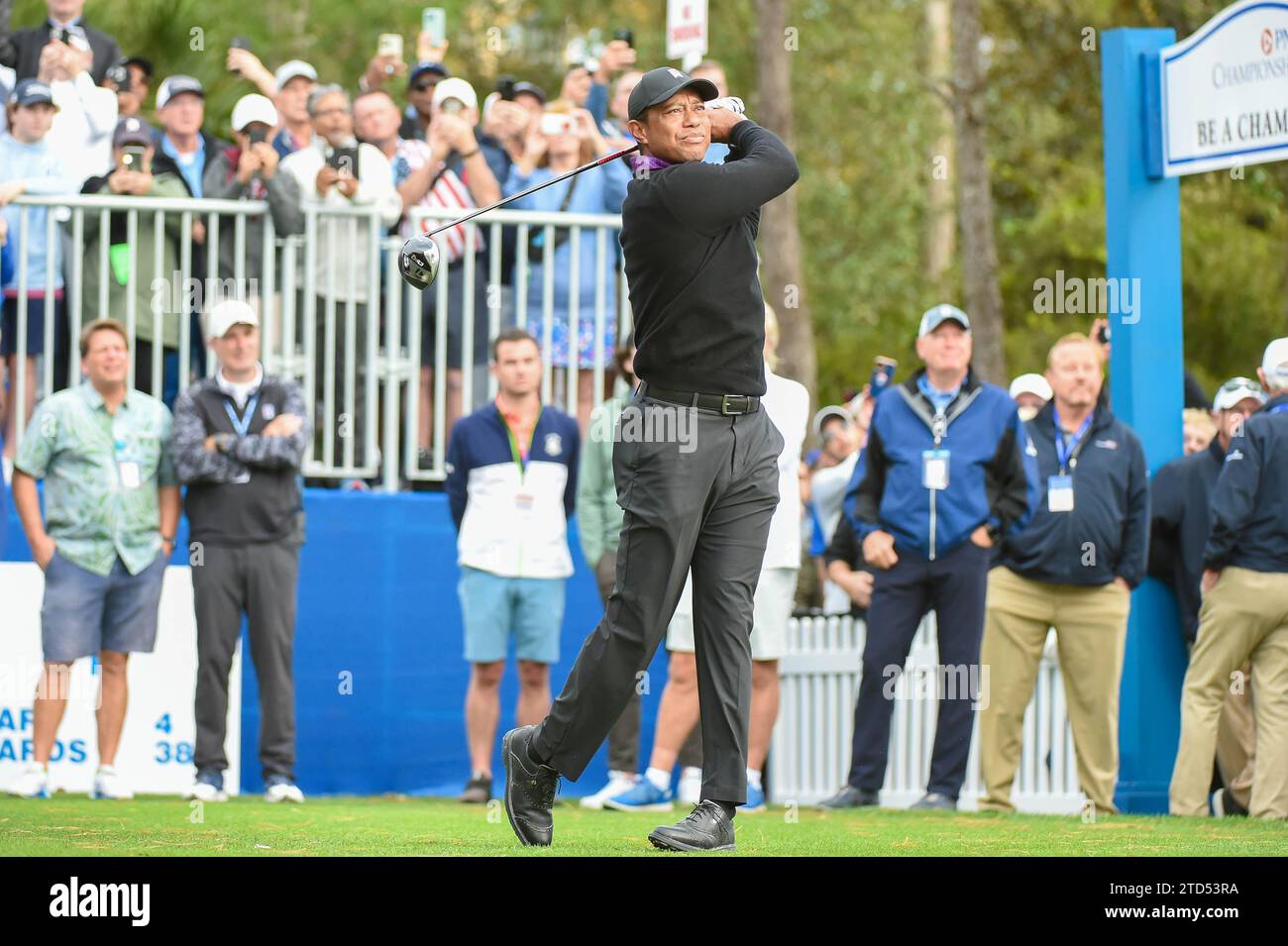 ORLANDO, FL - Tiger Woods tees off on the first hole during the pro-am ...