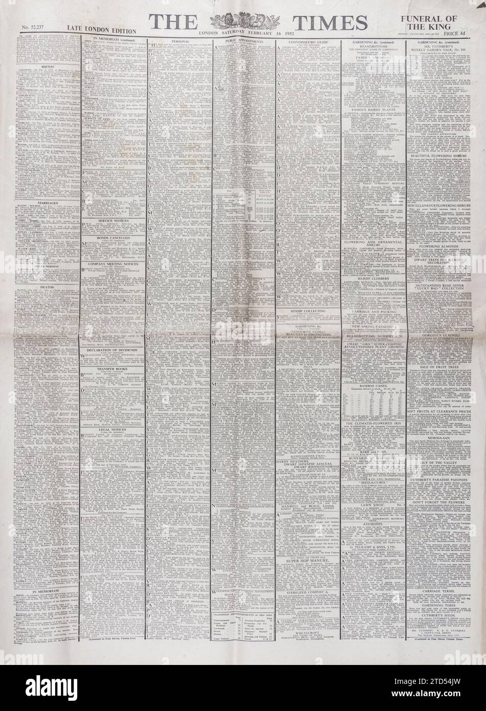 The front page of The Times newspaper for the 16th February 1952 ...