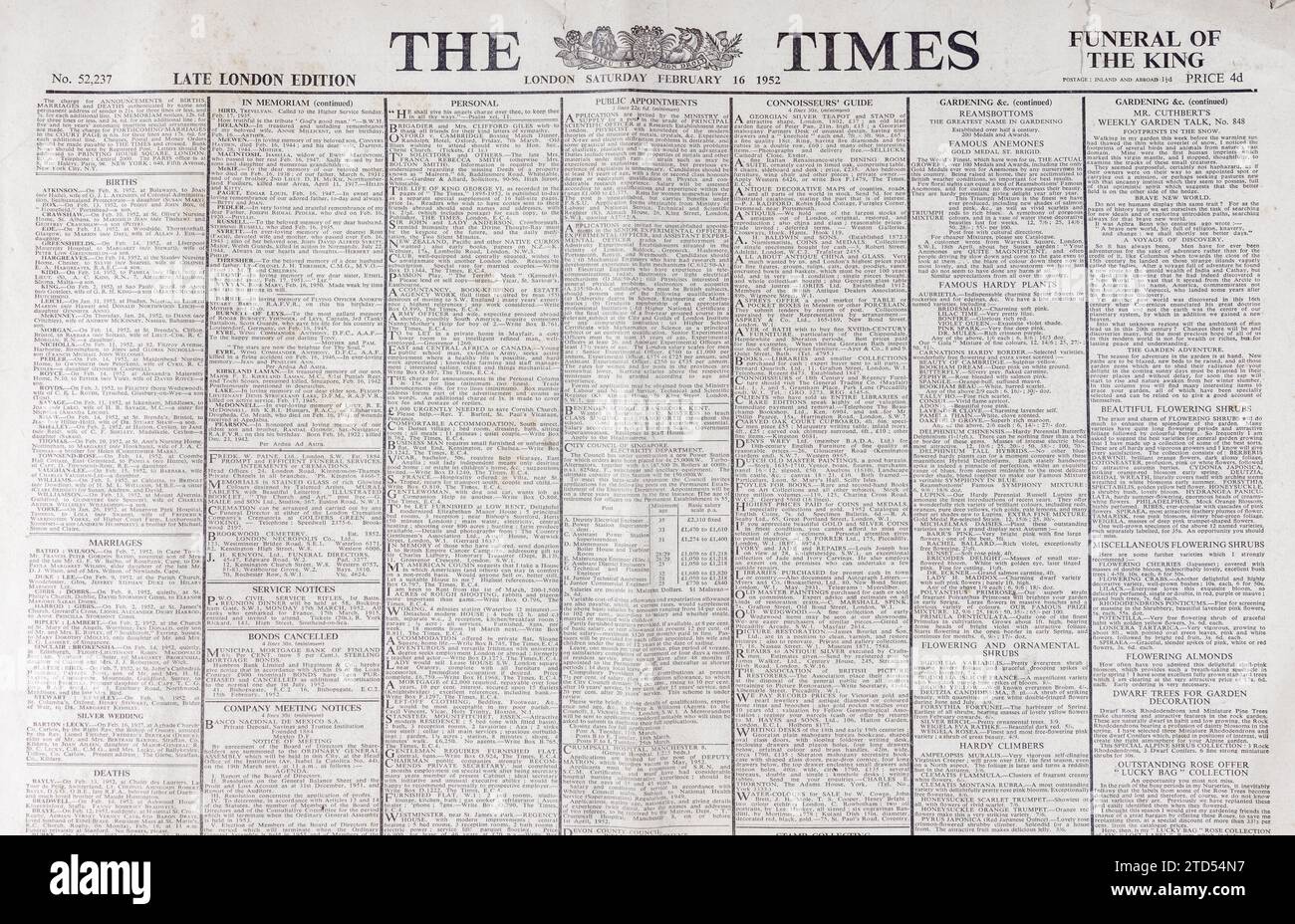 The front page of The Times newspaper for the 16th February 1952 ...
