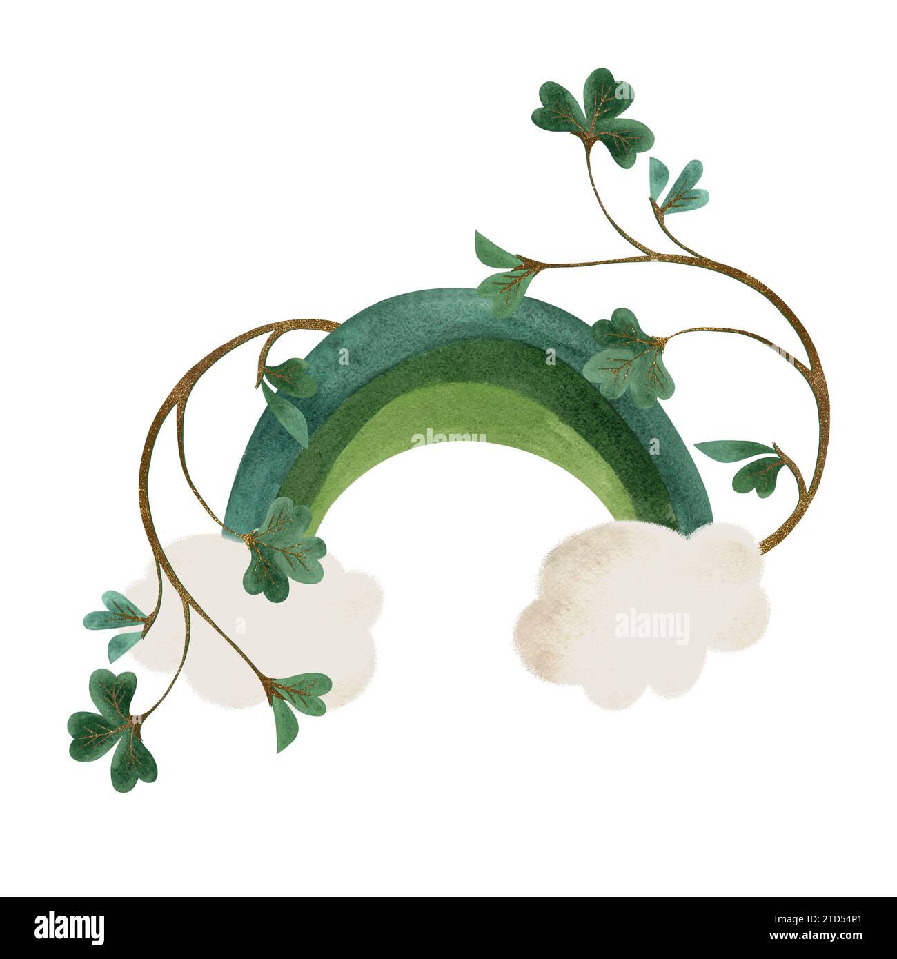 A green rainbow and two clouds entangled with clover shamrock. The ...