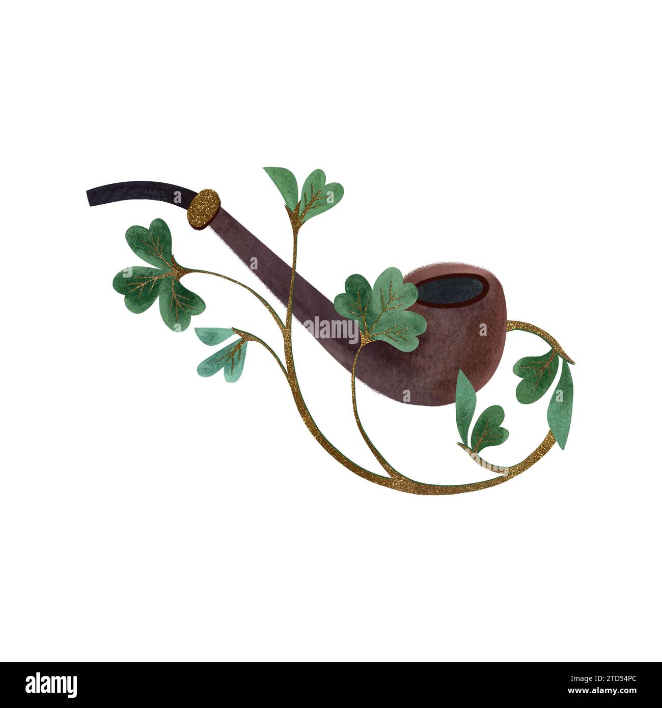 Wooden smoking pipe with gold decor entwined with shamrock clover ...