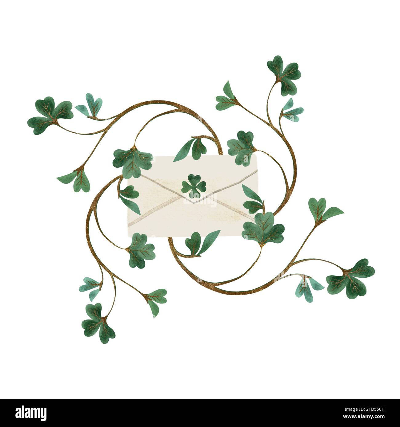 White paper mailing envelope with green four leaf clover for St ...