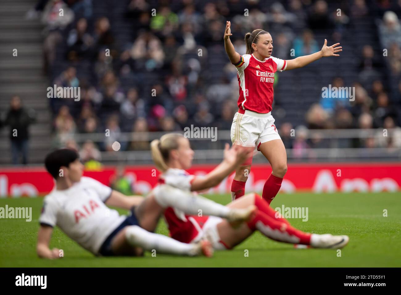 London, UK. 16th Dec 2023. Katie McCabe of Arsenal gestures during the ...