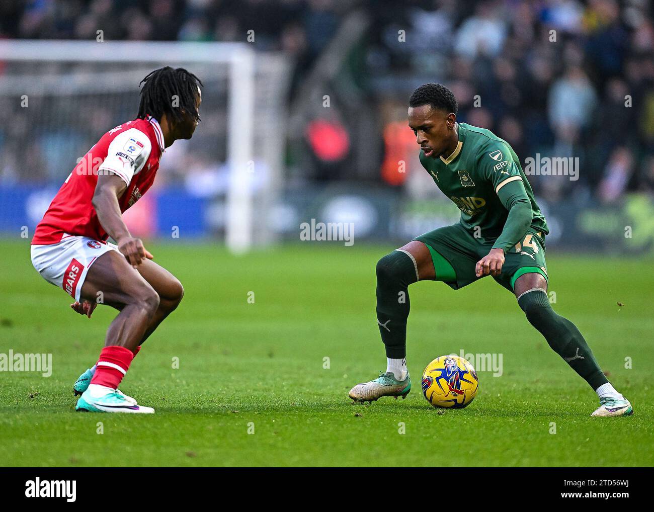 Mickel Miller #14 of Plymouth Argyle attacking during the Sky Bet ...