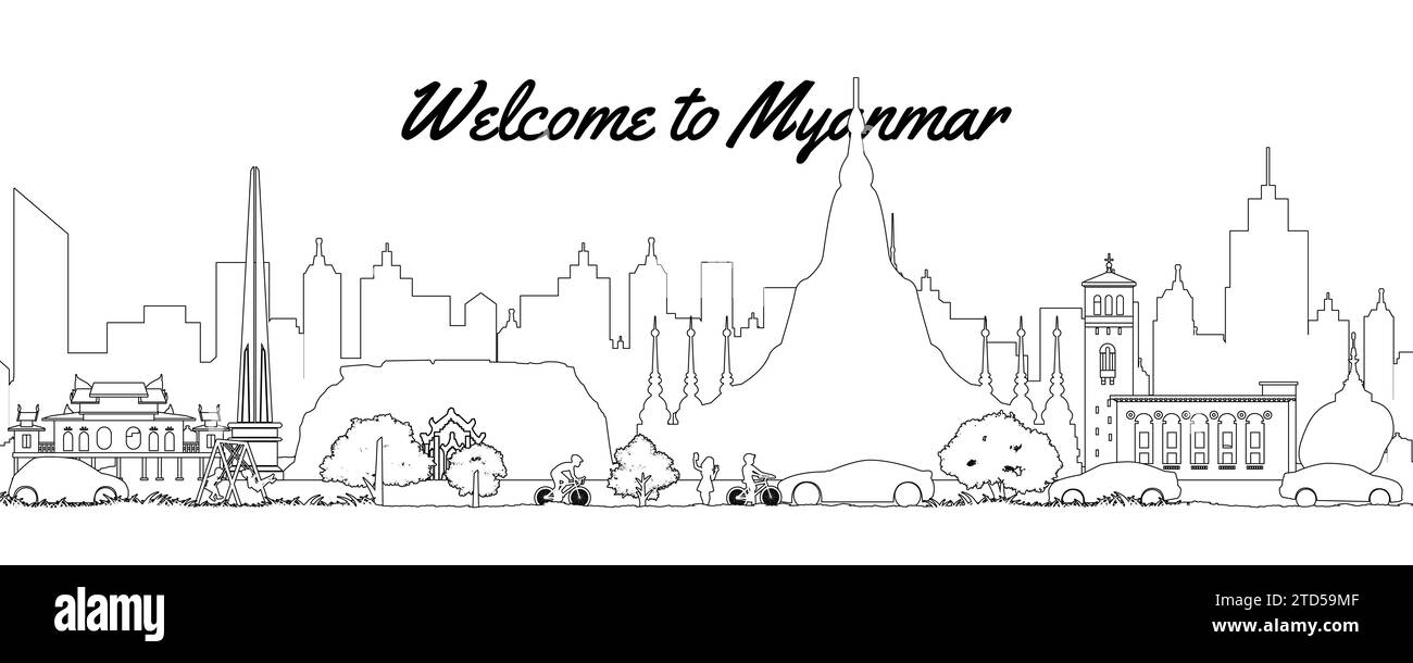 Myanmar famous landmark in cityscape scene silhouette outline style ...