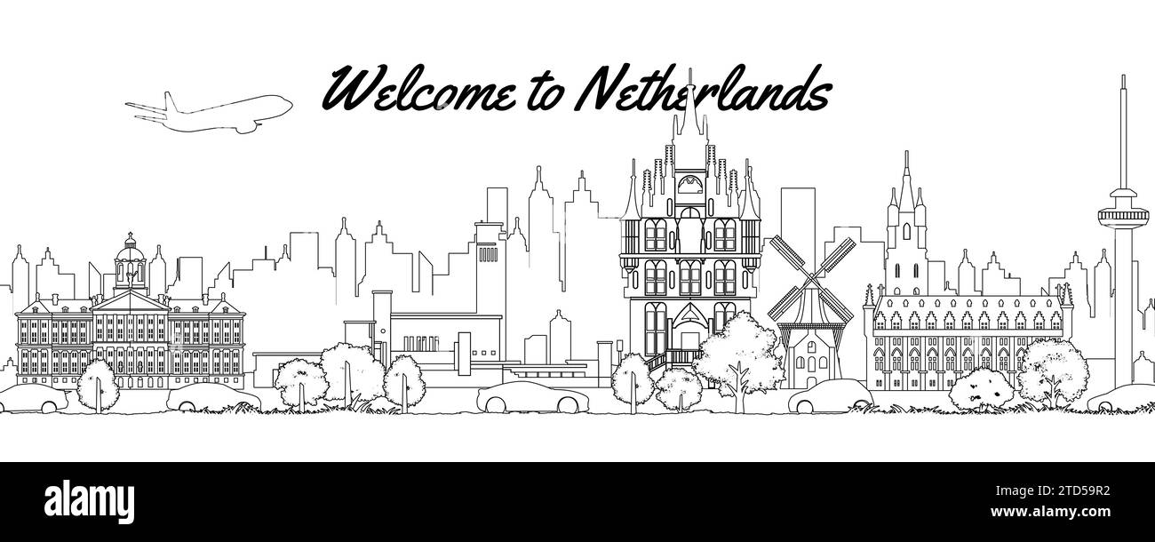 Netherlands famous landmarks by silhouette outline style,vector ...