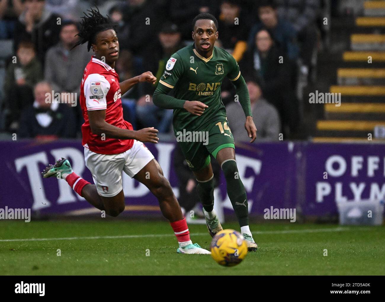 Mickel Miller #14 of Plymouth Argyle attacking during the Sky Bet ...