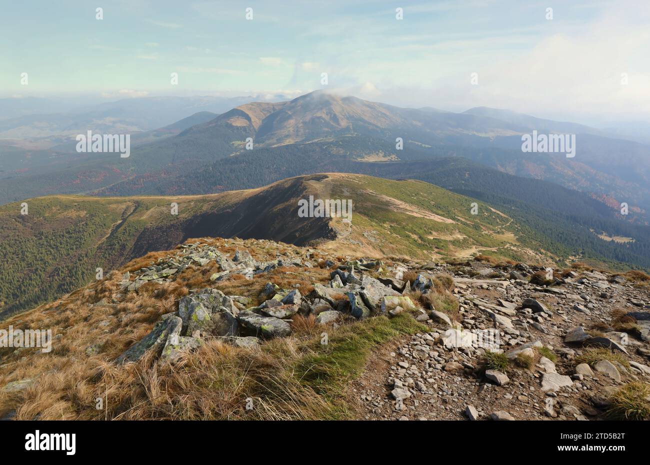 Landscape with Mount Hoverla hanging peak of the Ukrainian Carpathians against the background of ...