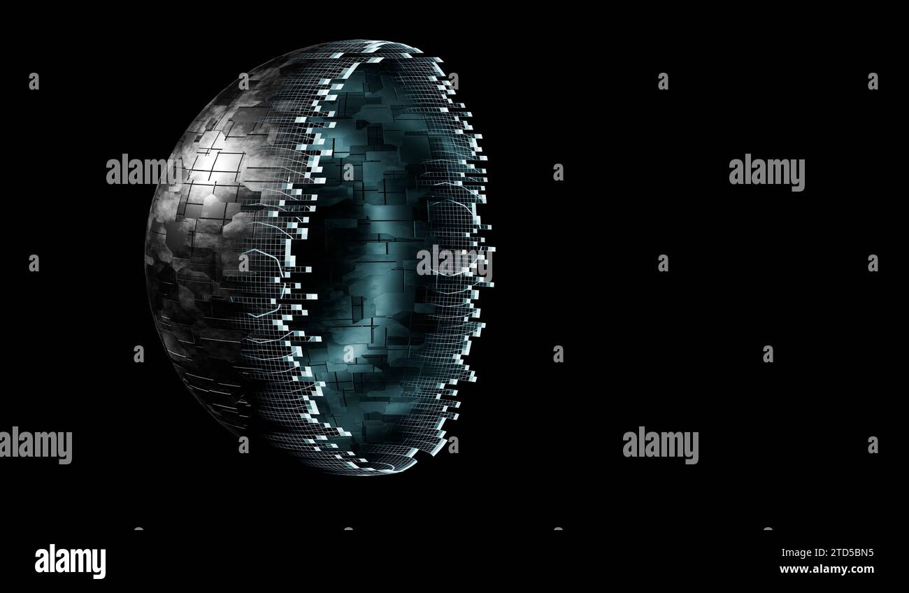 Futuristic background, half hollow metal sphere space core of star ...