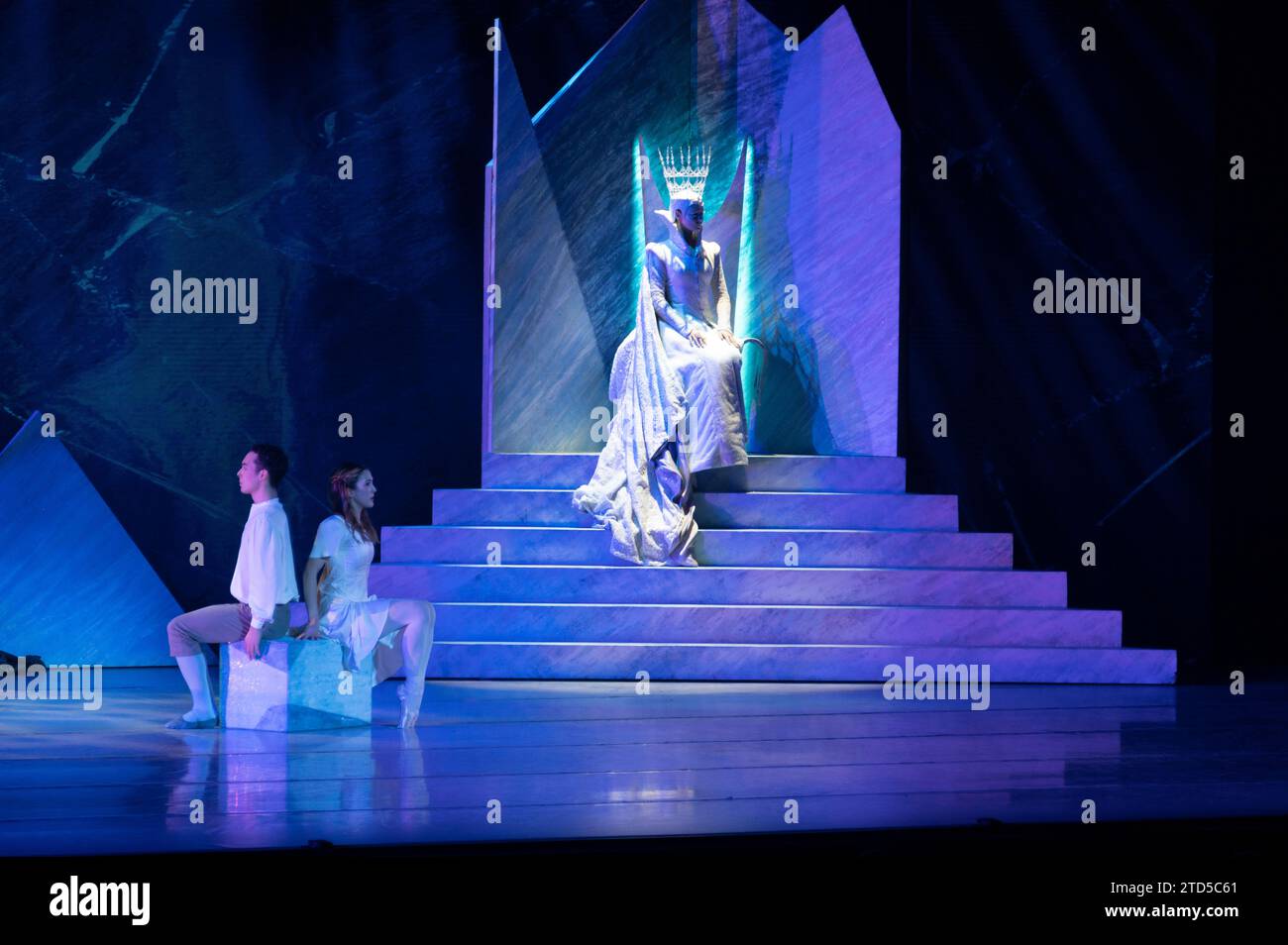 The wicked Snow Queen on her throne with Kay and Gerda sitting during a ...