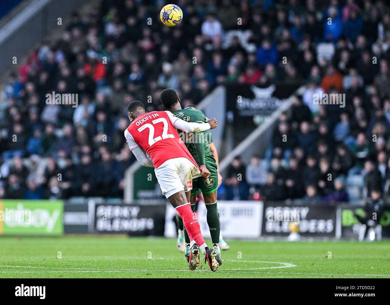Mickel Miller #14 of Plymouth Argyle battles in the air during the Sky ...