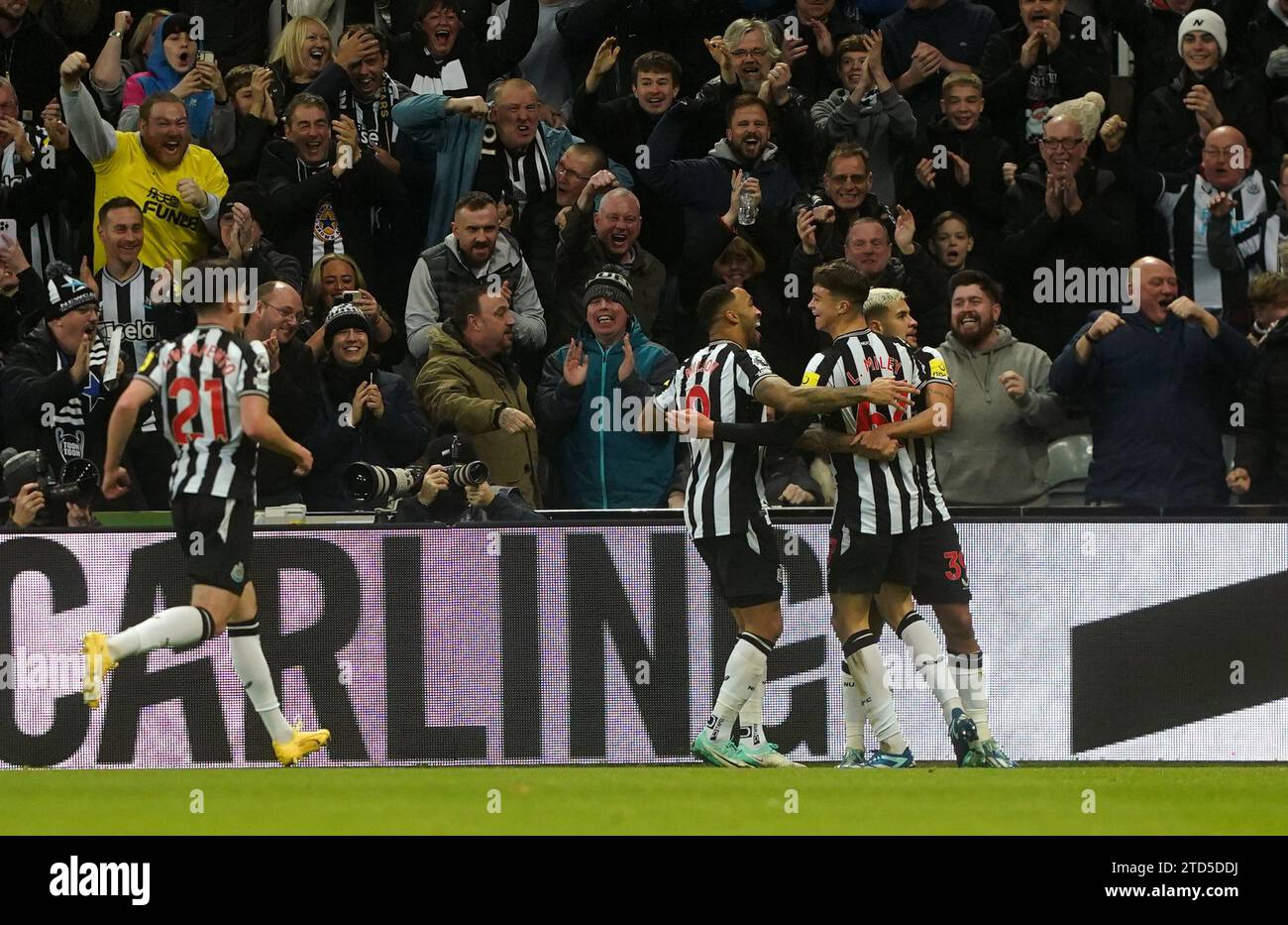 Newcastle United's Lewis Miley (2nd right) celebrates scoring their ...