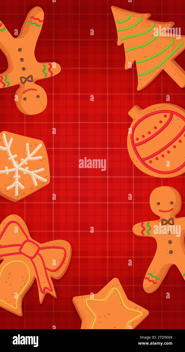 Red Christmas story frame template with gingerbread man, tree, toys ...