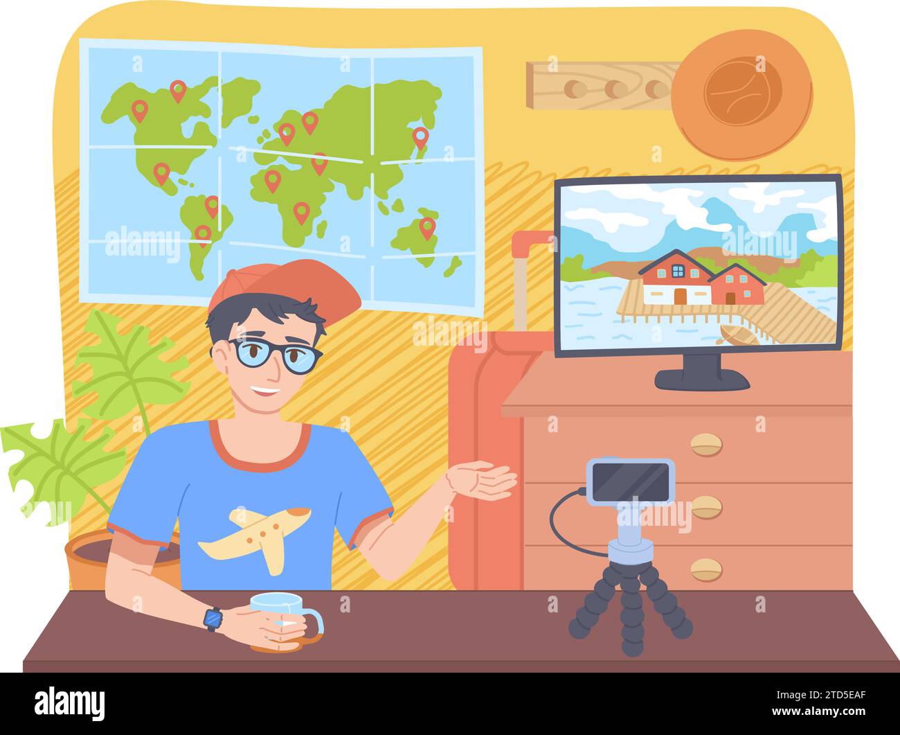 Travel blogger concept. Man in a cap with map, TV, camera at home ...