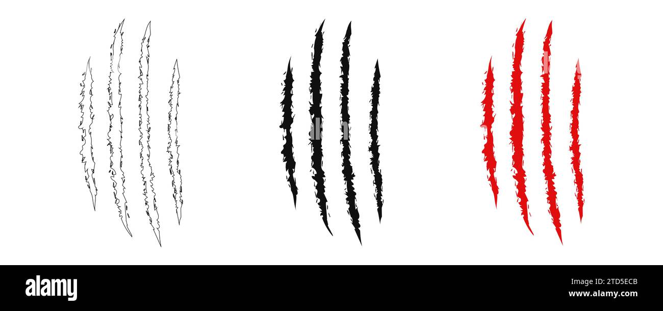 Animal claw scratches and marks. Set. Black and red bloody silhouettes ...