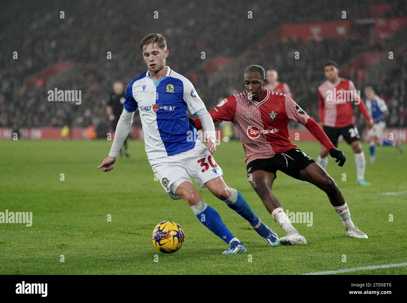 Blackburn Rovers' Jake Garrett battles for the ball with Southampton's ...
