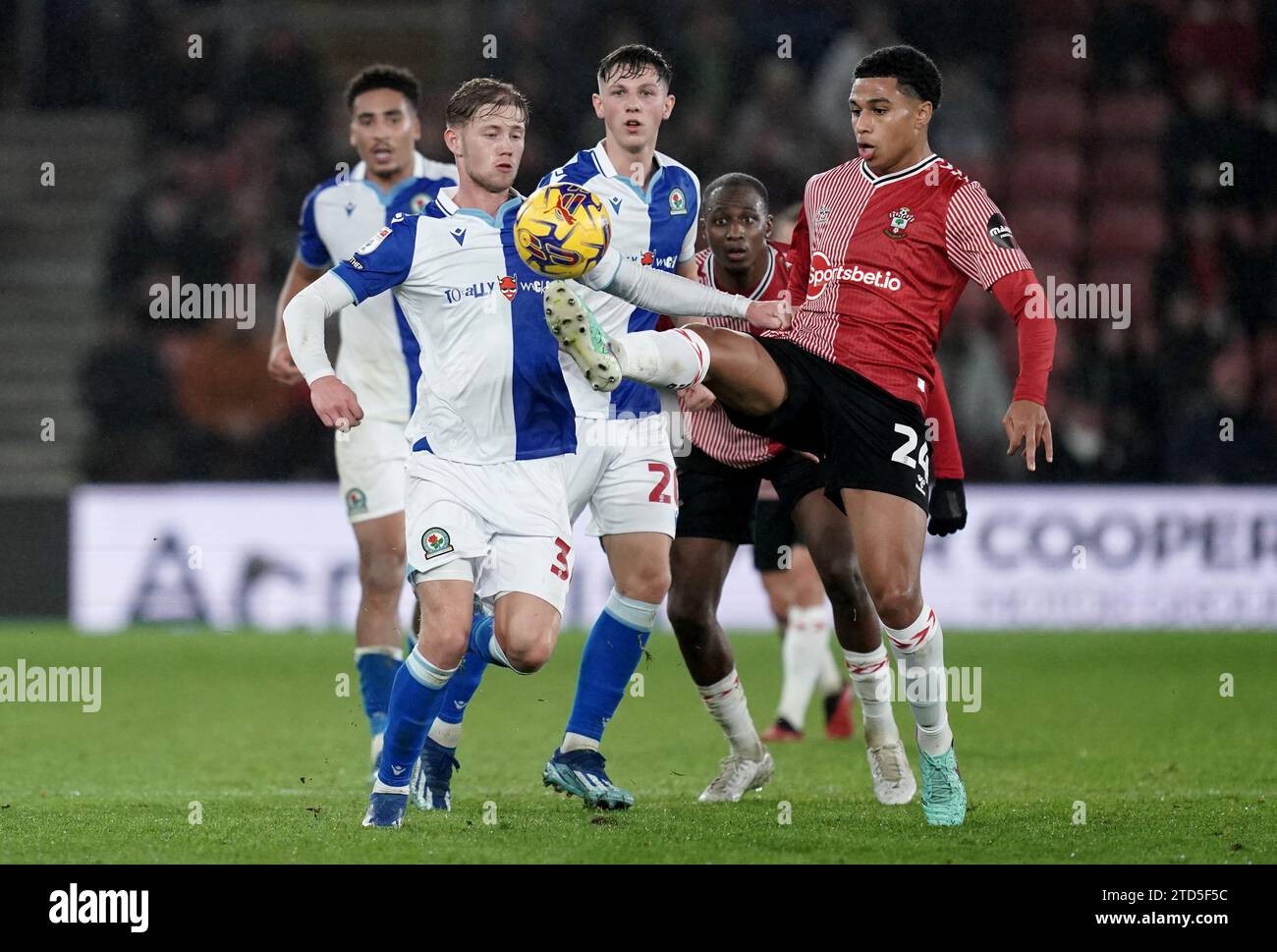 Blackburn Rovers' Jake Garrett battles for the ball with Southampton's ...