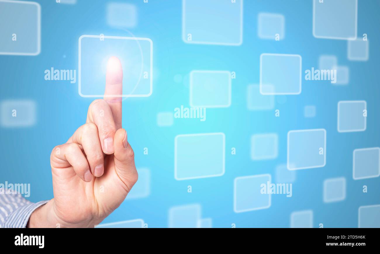 Finger pointing at object in cyberspace. Abstract cyber technology ...