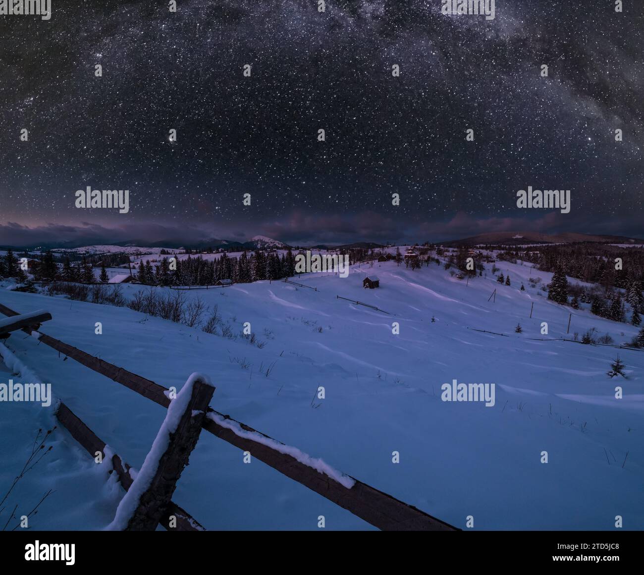 Night countryside hills, groves and farmlands in winter remote alpine ...