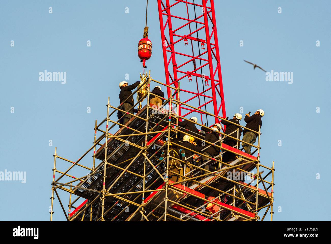The new golden rooster containing relics is lifted by crane to be ...
