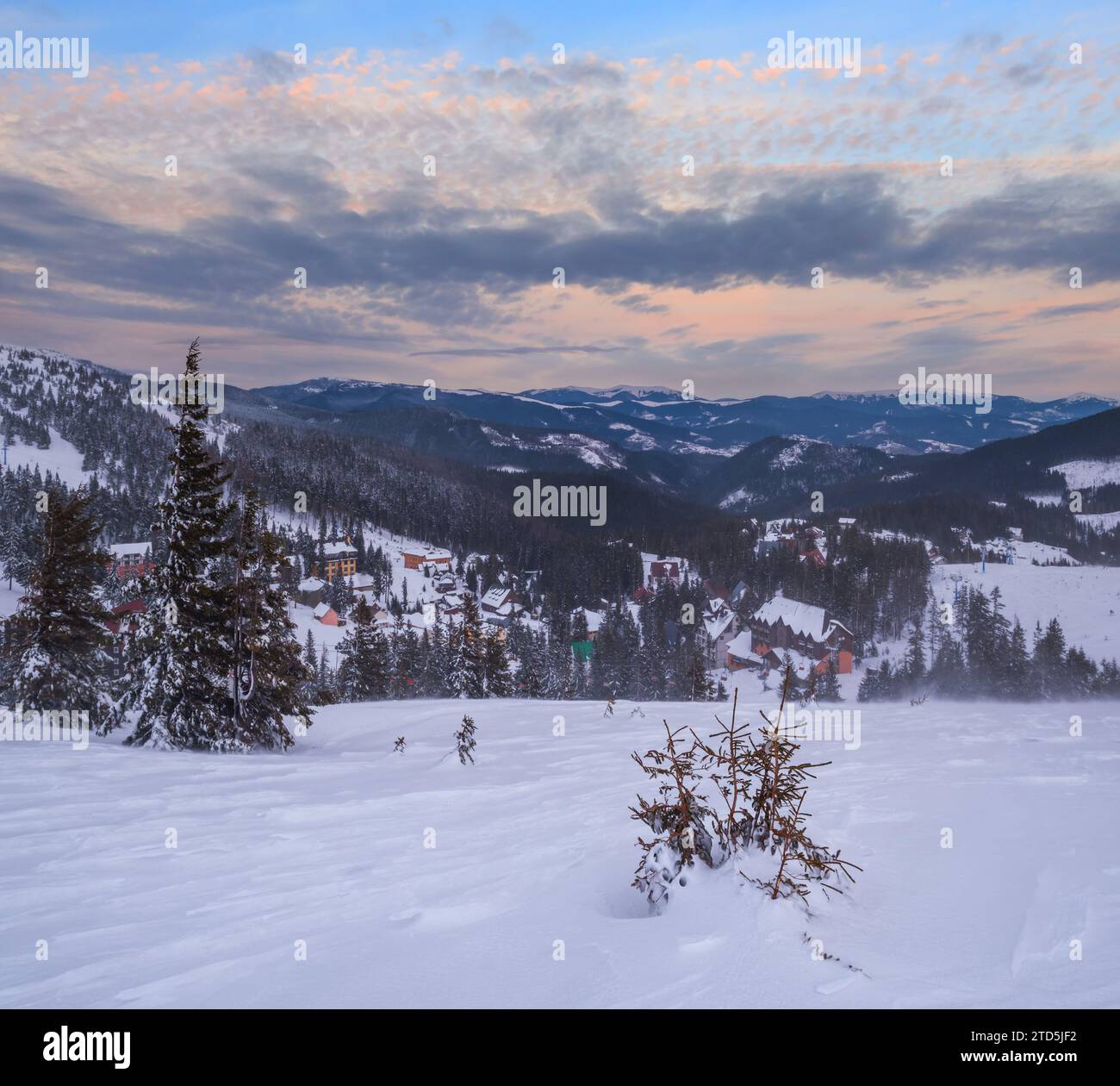Picturesque winter windy and cloudy morning alps. View of famous ...