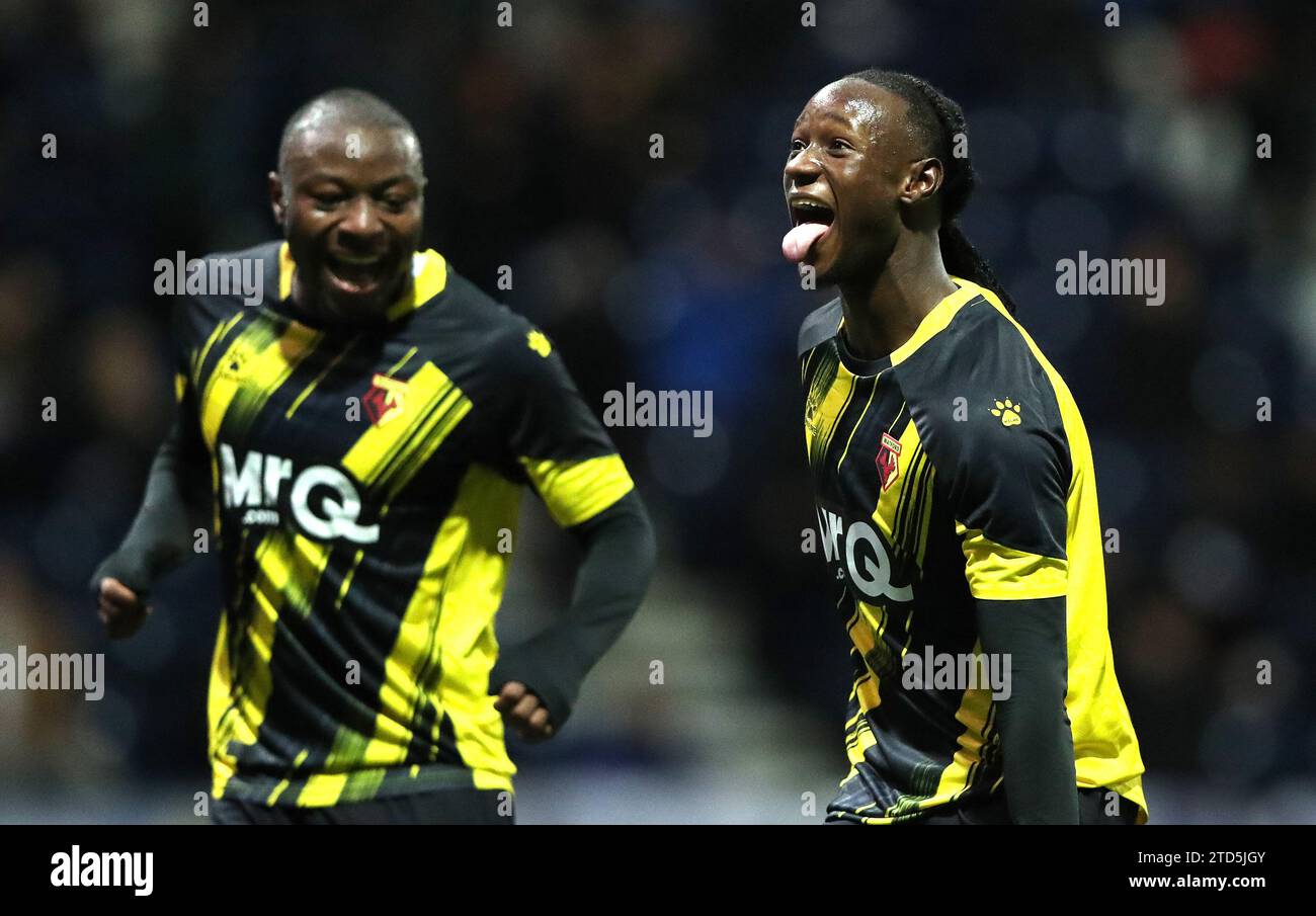 Watford's Ismael Kone (right) celebrates scoring their side's fifth ...