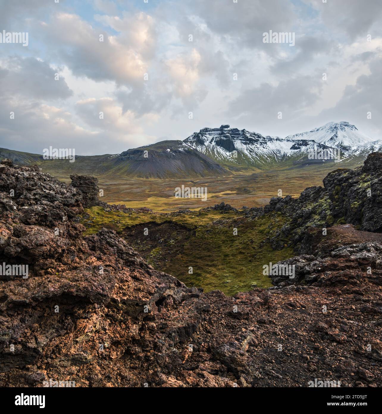 Spectacular volcanic view from Saxholl Crater, Snaefellsnes peninsula ...