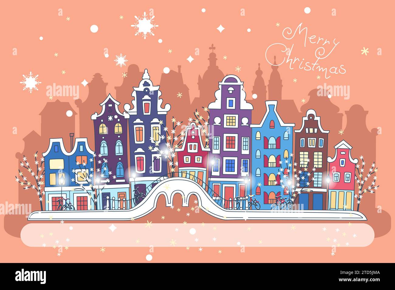 Christmas night city with traditional european houses and Christmas ...