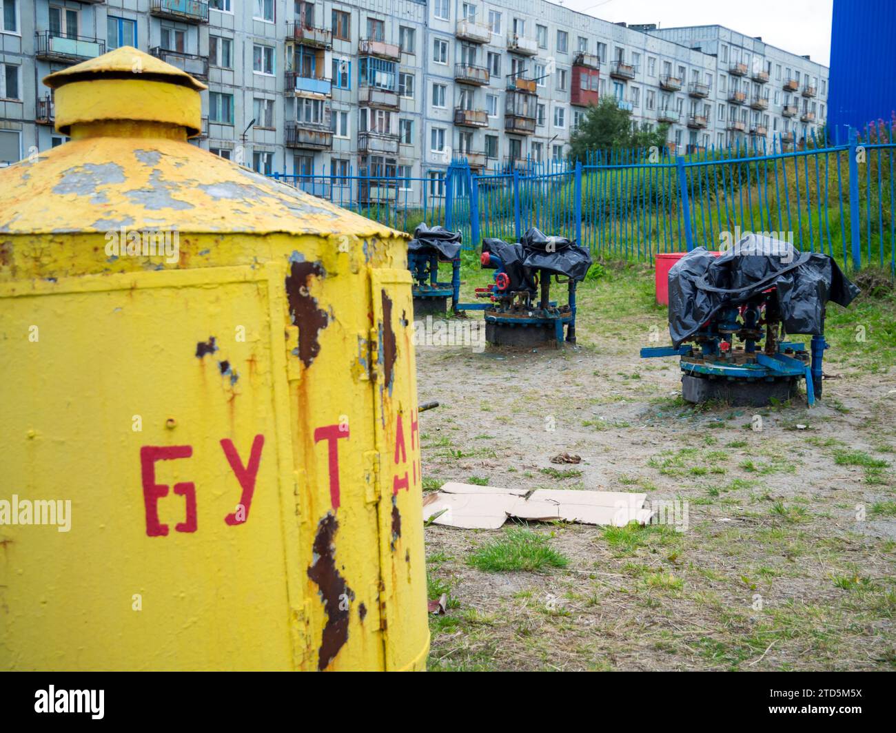 Natural gas storage in the yard of a residential building with the neck ...